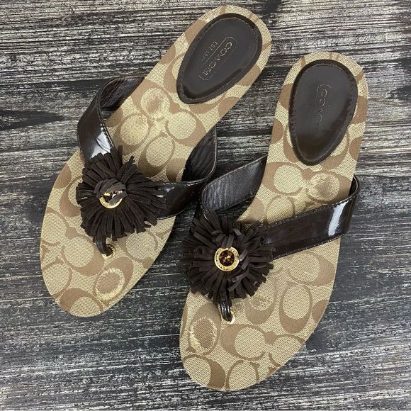 Coach | Shoes | Coach Brown Tan Suki Logo Print Jewel Trim Thong Sandal ...